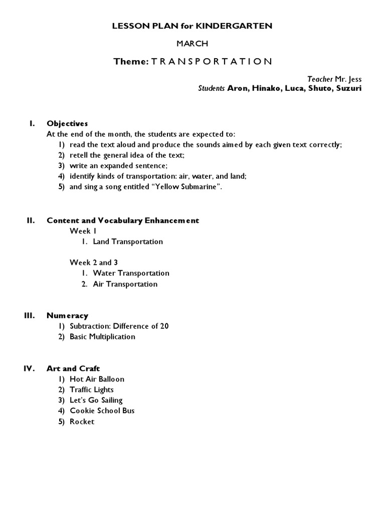 LESSON PLAN For KINDERGARTEN MARCH | PDF