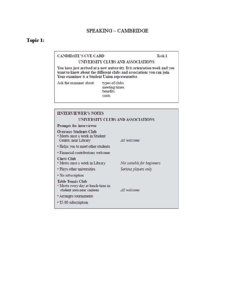 Topic 1:: Speaking - Cambridge | PDF