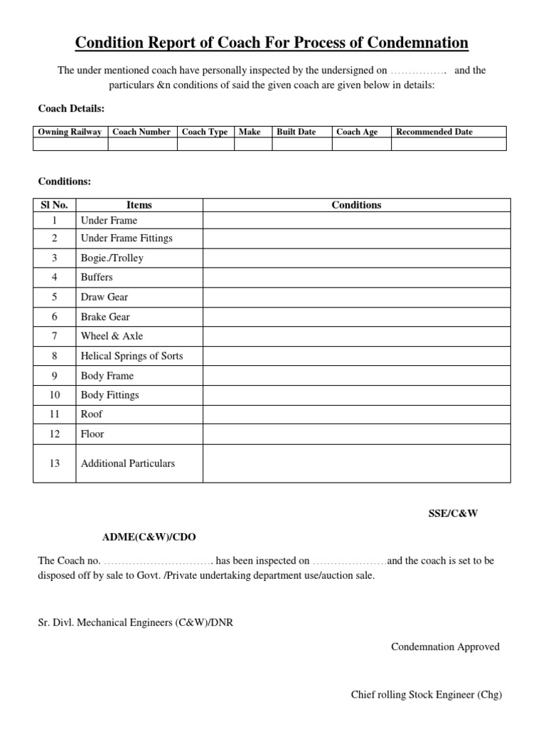 Format of Condition Report of Coach For Process of Condemnation | PDF