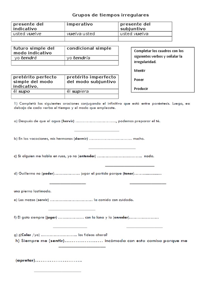 Apunte Con Ejercicios Sobre Verbos Irregulares | PDF | Morfología ...