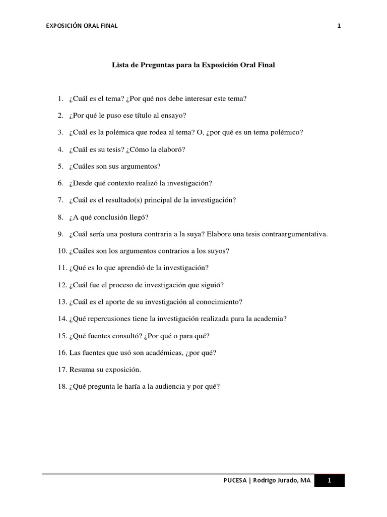 Lista de Preguntas para La Exposicic3b3n Oral Final | PDF