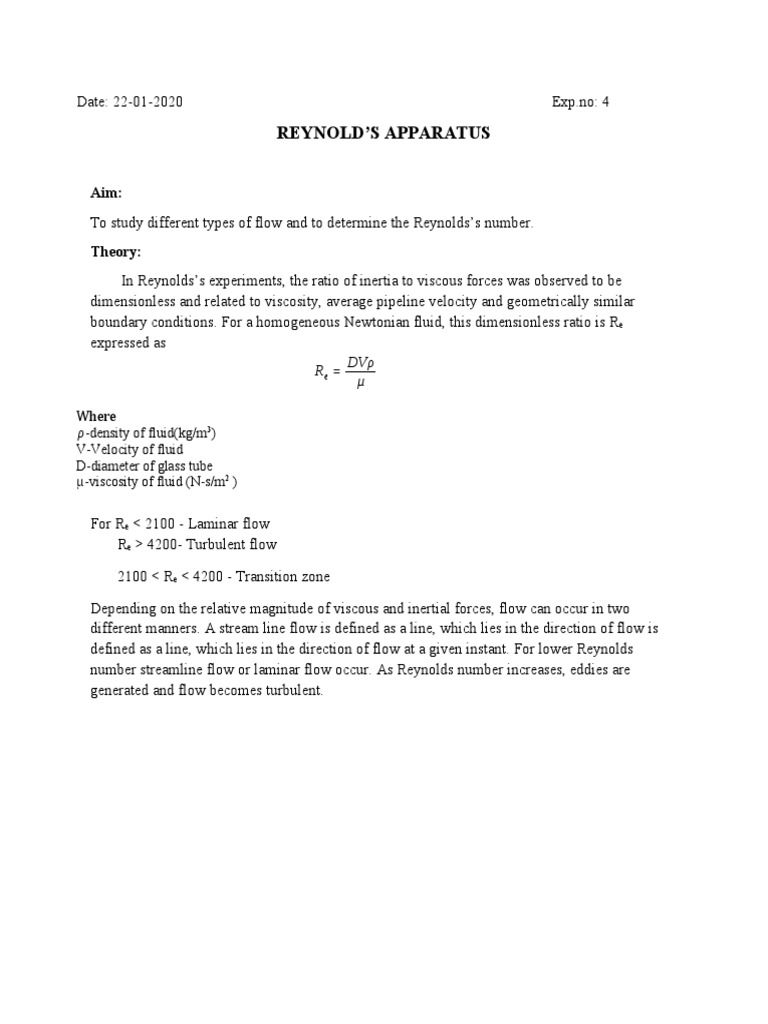 REYNOLDS Experiment Chemical Engineering | PDF | Reynolds Number ...