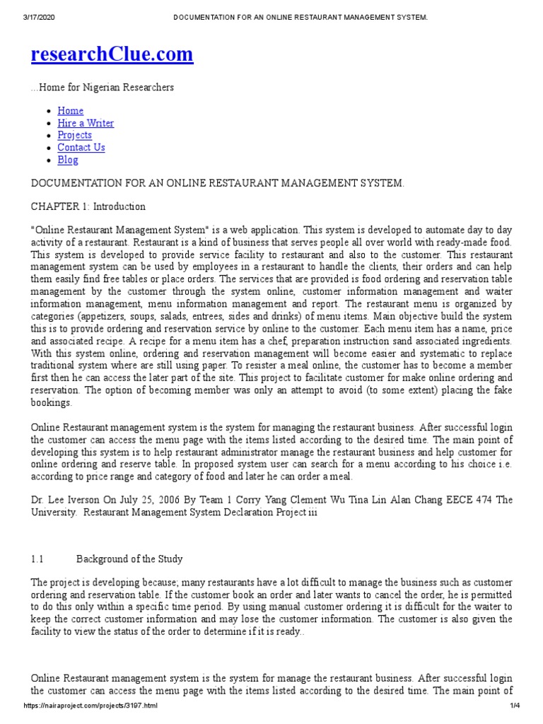 Documentation For An Online Restaurant Management System | PDF ...