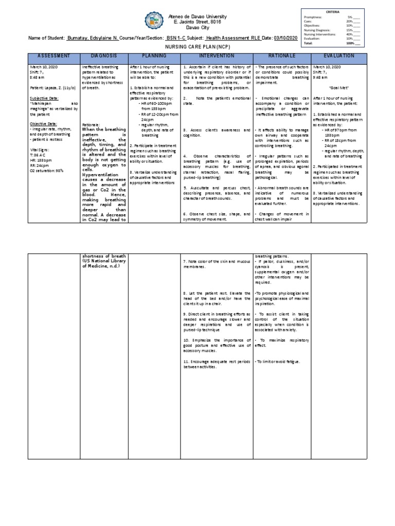 NCP Ineffective Breathing Pattern | PDF | Apnea | Breathing