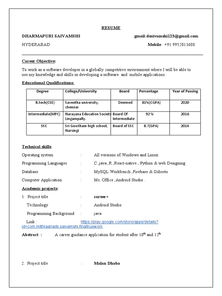 Saivamshi's Resume | PDF | Application Software | Java (Programming Language)