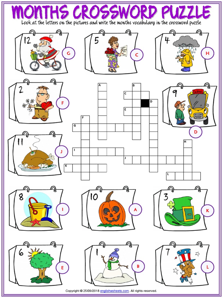Months Vocabulary Esl Crossword Puzzle Worksheet For Kids | PDF