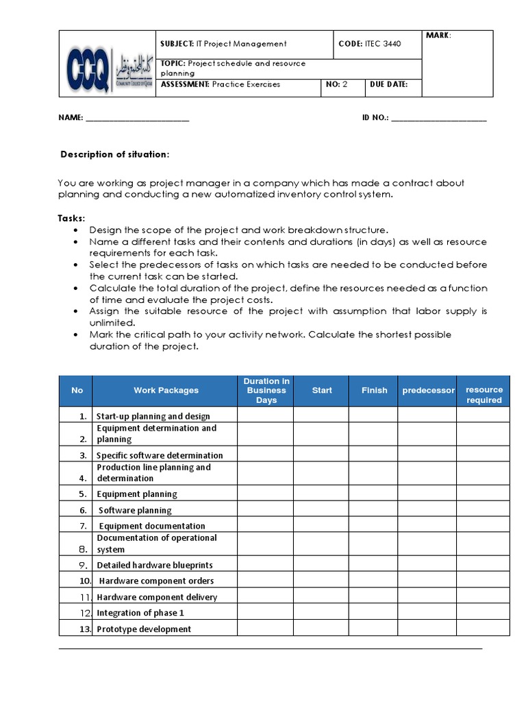 Exercise 2 - Project Schedule and Resource Planning | PDF | Project ...