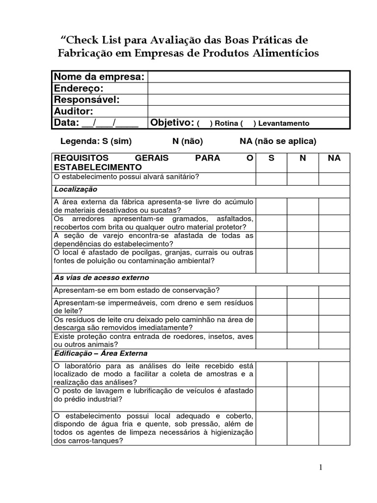 Check List para Avaliação Das Boas Práticas de Fabricação em Empresas ...
