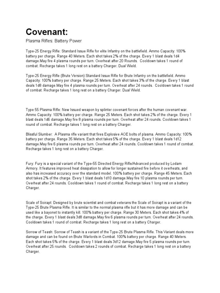 Halo Covenant Weaponry List (Halo DND) | PDF | Ammunition | Rifle