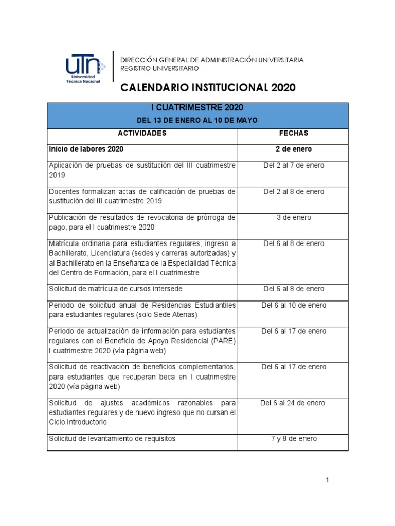 Calendario UTN 2020 | PDF | Titulo academico | Costa Rica