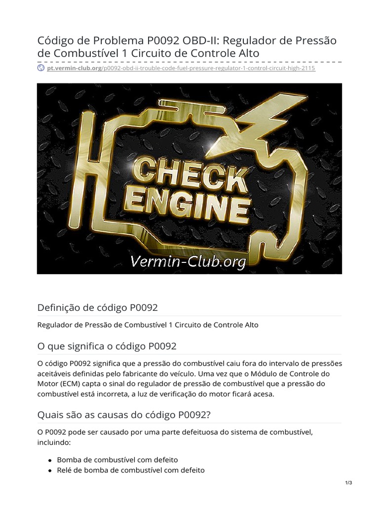 Código de Problema P0092 OBD-II Regulador de Pressão de Combustível 1 ...