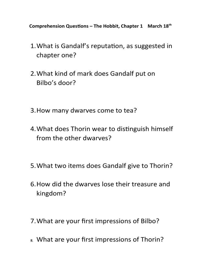 The Hobbit Chapter 1 Comprehension | PDF