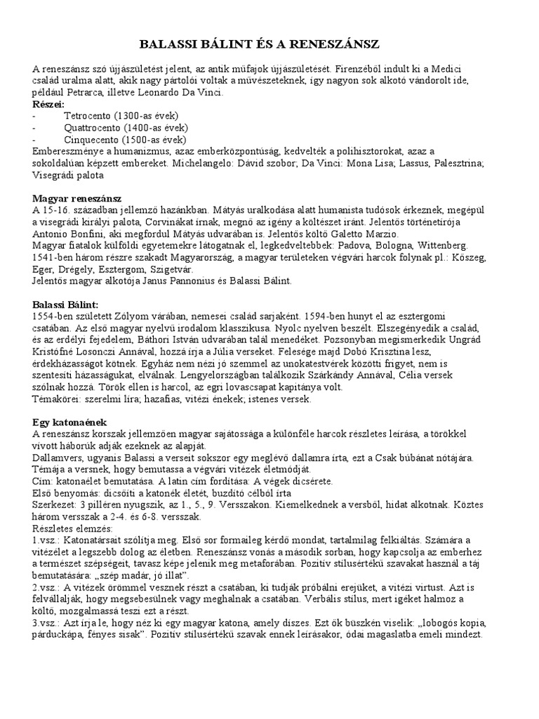 Balassi Bálint És A Reneszánsz | PDF