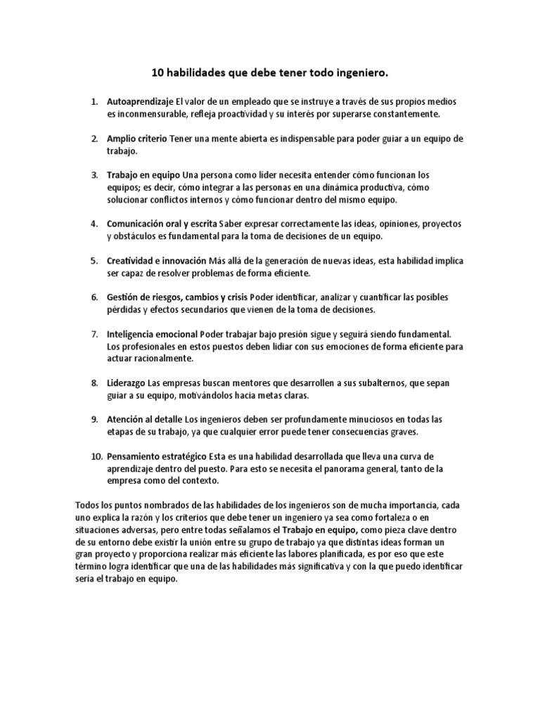 10 Habilidades Que Debe Tener Todo Ingeniero | PDF | Toma de decisiones ...