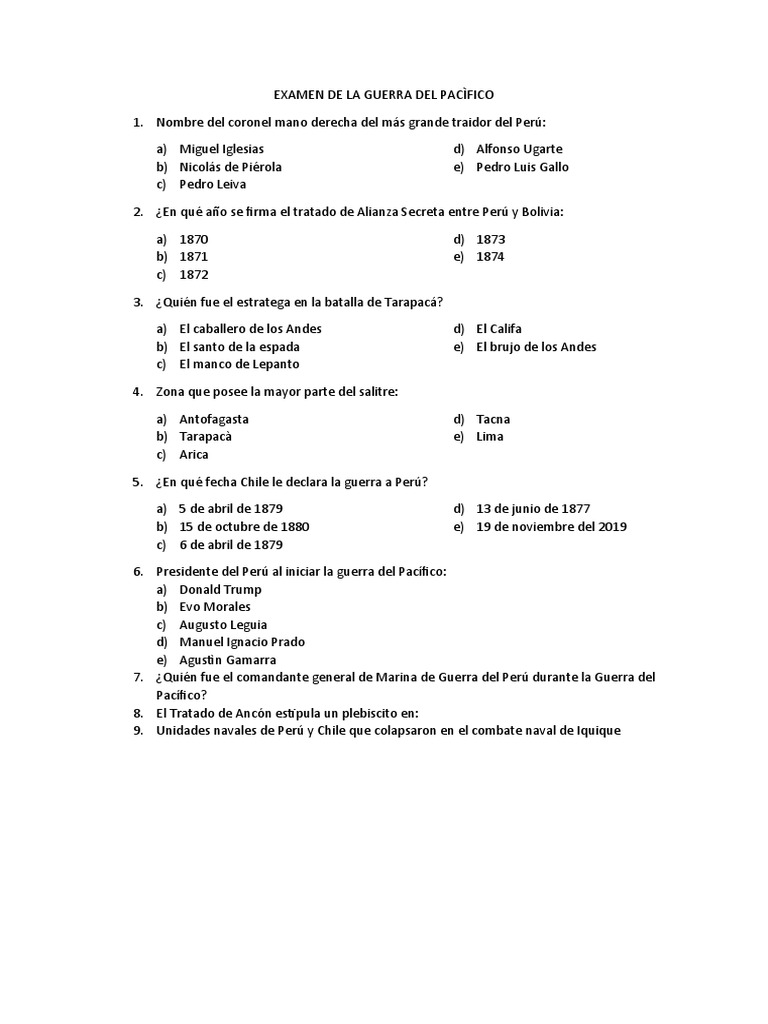 Examen de La Guerra Del Pacìfico | PDF