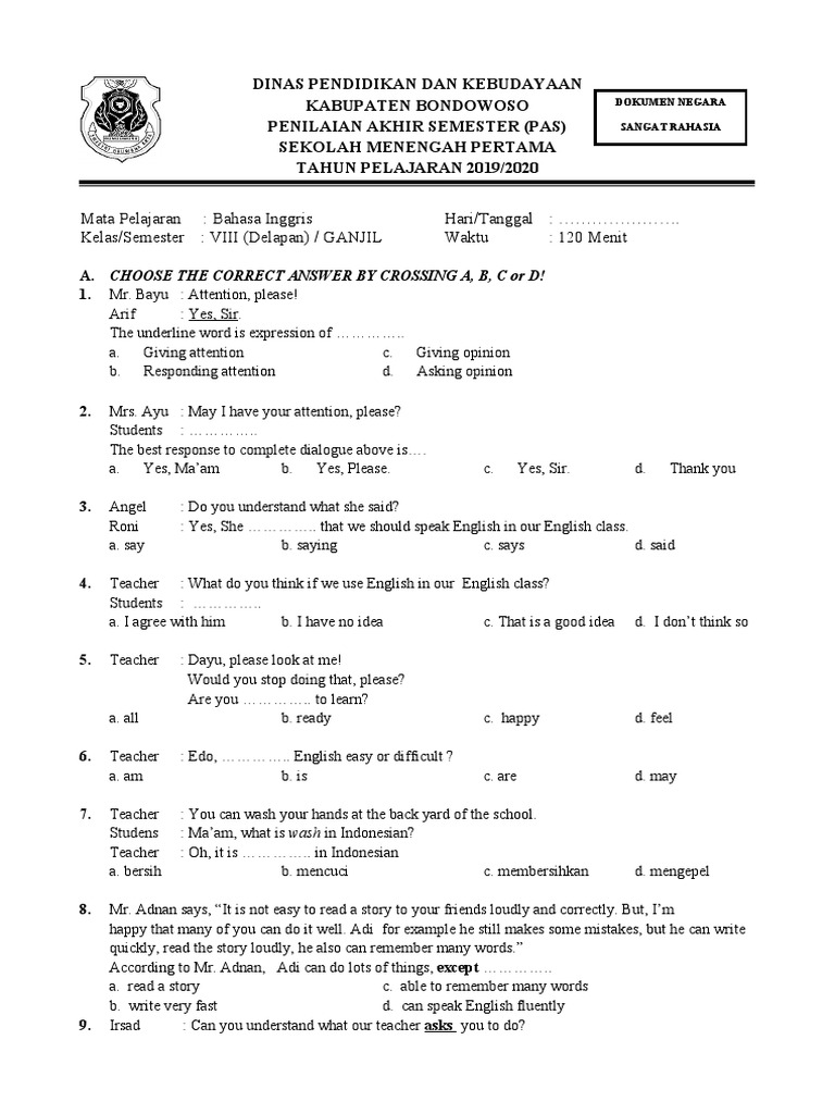 Soal Semester Ganjil - Bahasa Inggris - Kelas Viii | PDF | Zoo | Animals And Humans