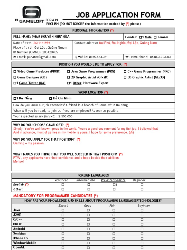 Gameloft Job Application Form | PDF | Mobile Game | Xbox 360