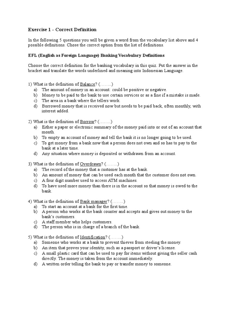 Banking Vocabulary Practice: Definitions, Meanings, and Translations ...