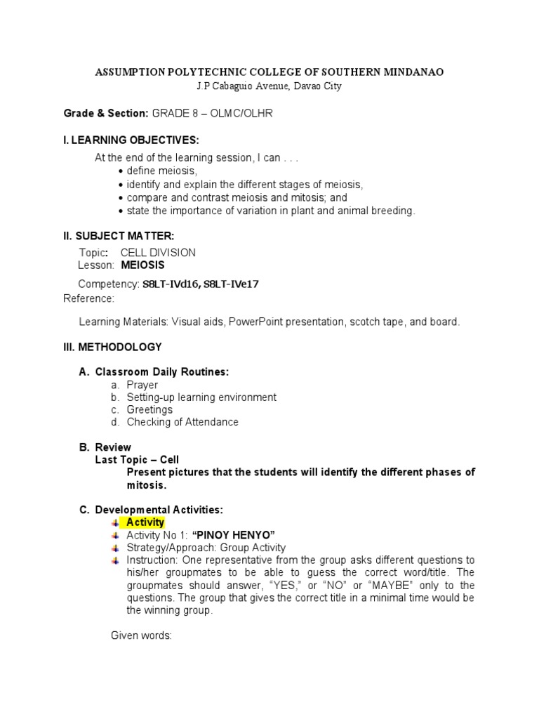 Grade 8 Lesson Plan: Meiosis Overview | PDF | Meiosis | Systems Biology