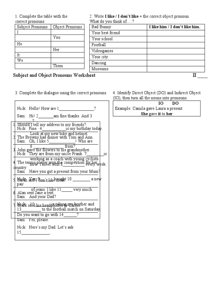 Object Pronouns Worksheet | PDF | Object (Grammar) | Pronoun