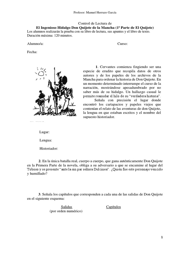 Prueba. Control de Lectura de La Primera Parte de El Quijote. | PDF ...