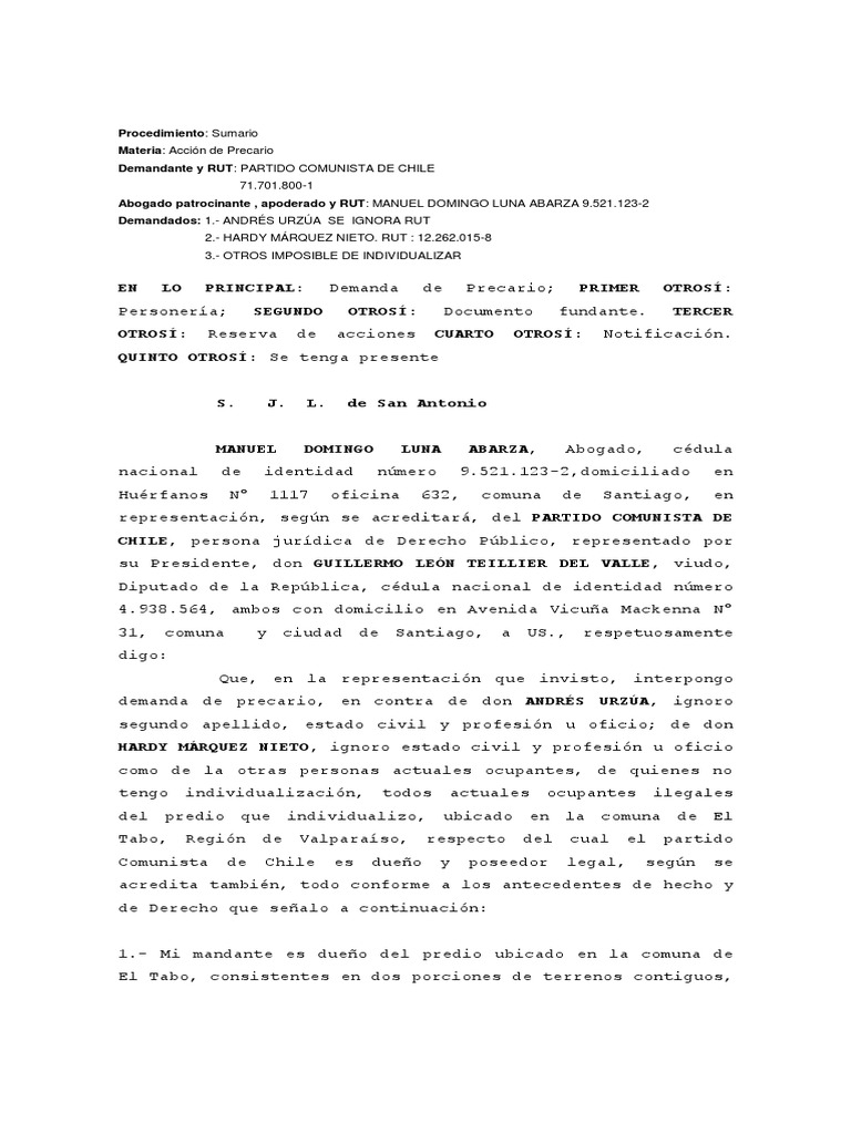 Demanda Precario | PDF | Propiedad | Gobierno