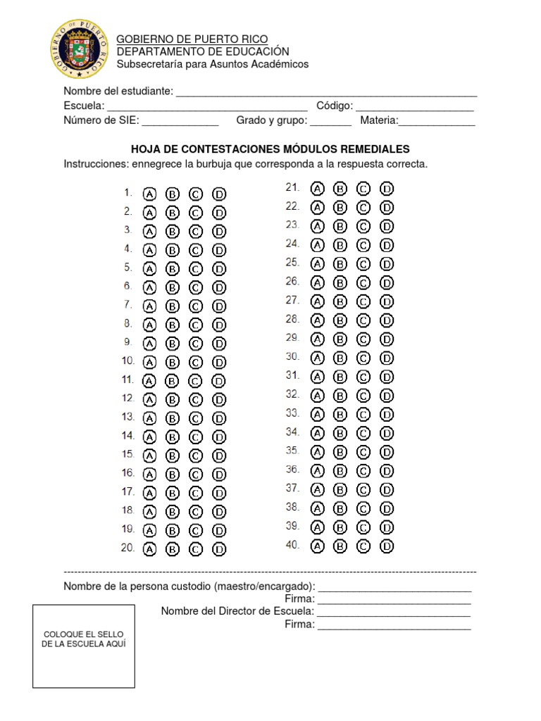 Hojas de Contestaciones Mdulos Remediales | PDF