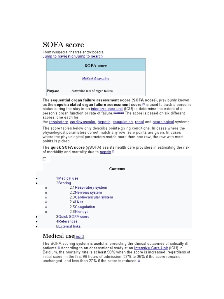 SOFA Score | PDF | Medical Emergencies | Intensive Care Medicine