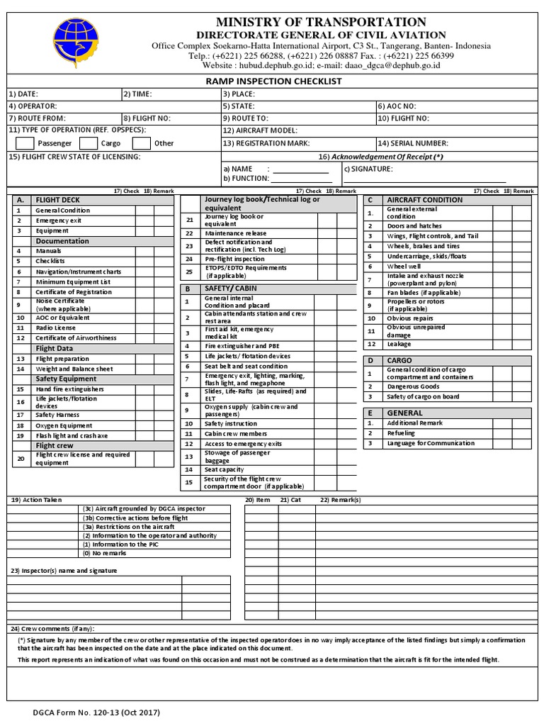 DGCA Form 120-13 RAMP INSPECTION CHECKLIST - Oct 2017 PDF | PDF ...