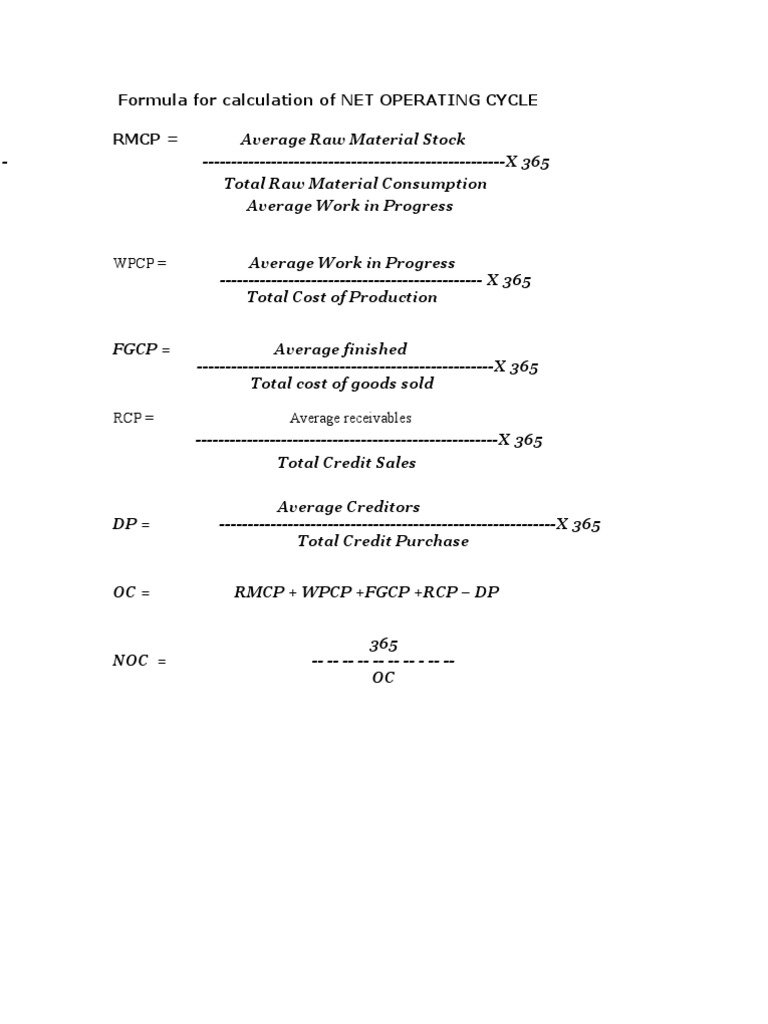 Formula For Calculation of NET OPERATING CYCLE | PDF | Working Capital ...