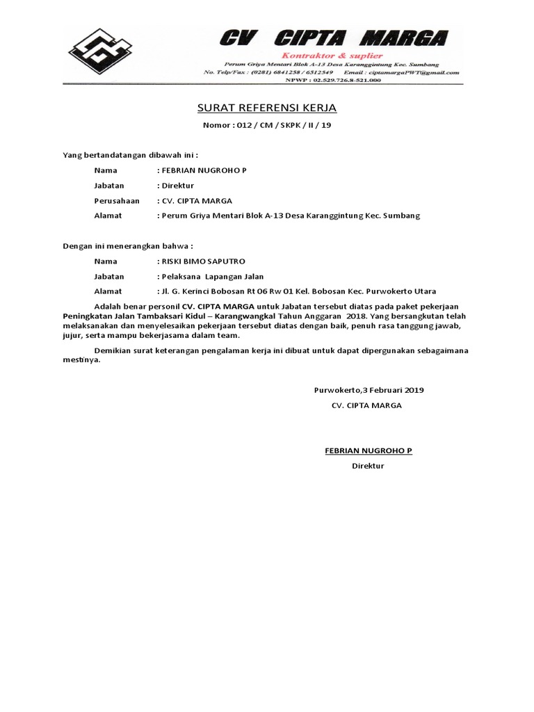 Surat Keterangan Pengalaman Kerja Bimo | PDF