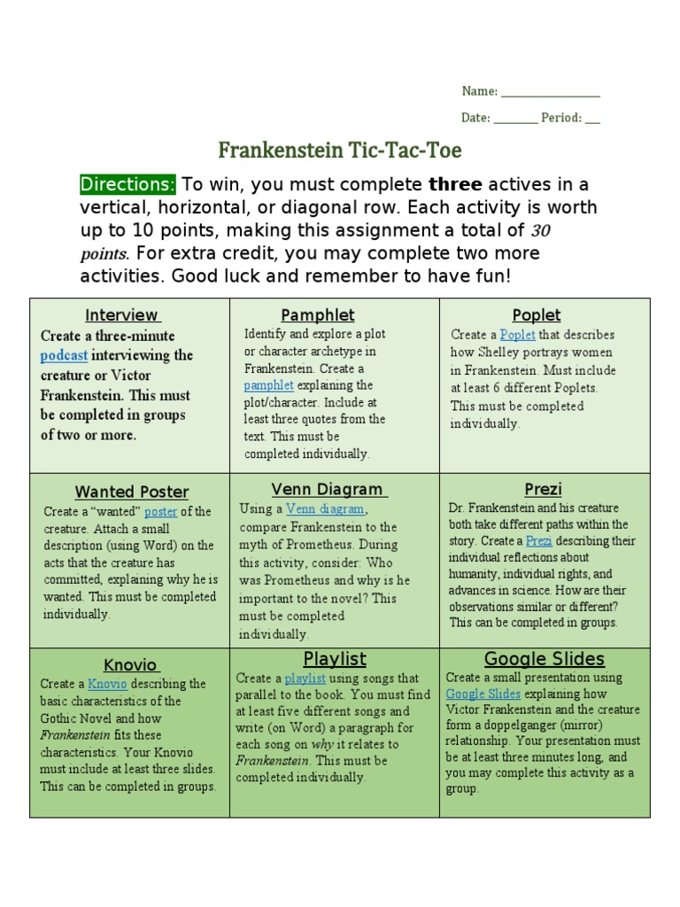Edsc 304 Frankenstein Tic Tac Toe | PDF | Frankenstein