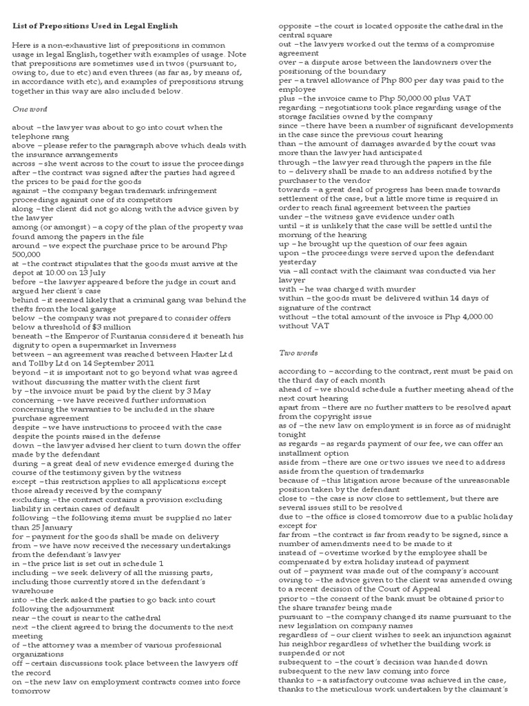 List of Prepositions Used in Legal English | PDF | Lawyer | Trademark