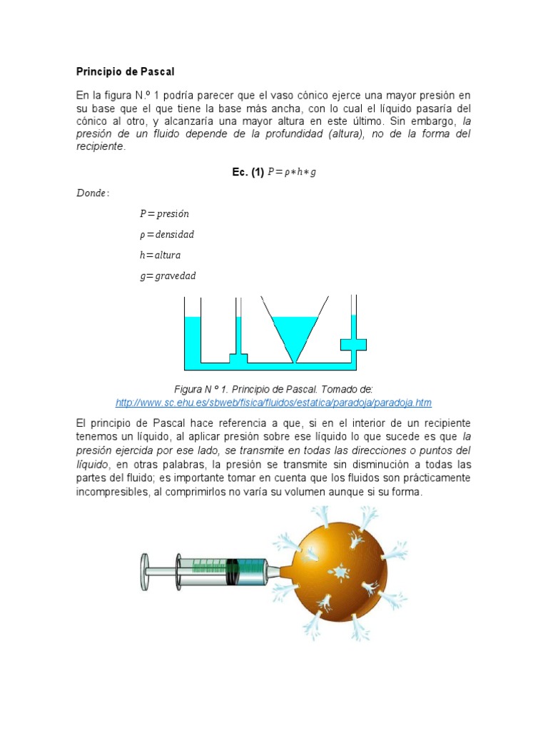 Principio de Pascal INFORME | Descargar gratis PDF | Presión | Líquidos