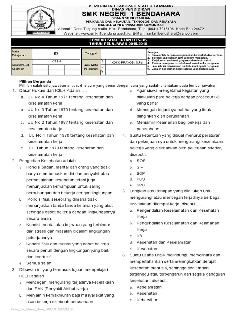 Soal Ujian X TSM 2015 K3 Sem 2 | PDF