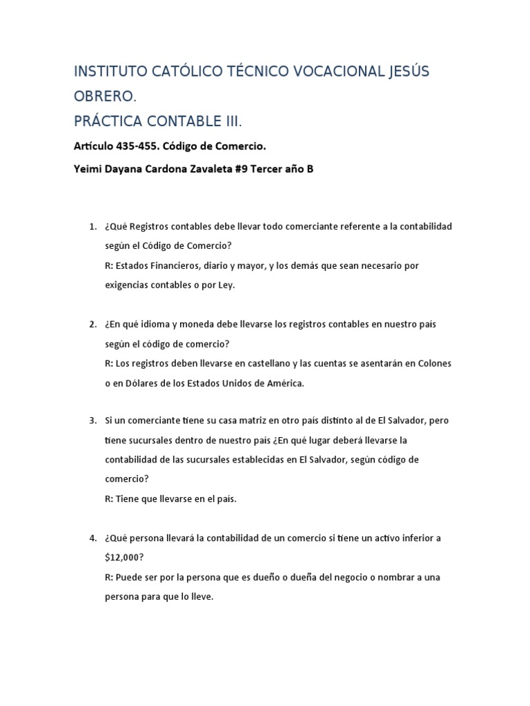 Cuestionario Codigo de Comercio | PDF | Hoja de balance | Contabilidad