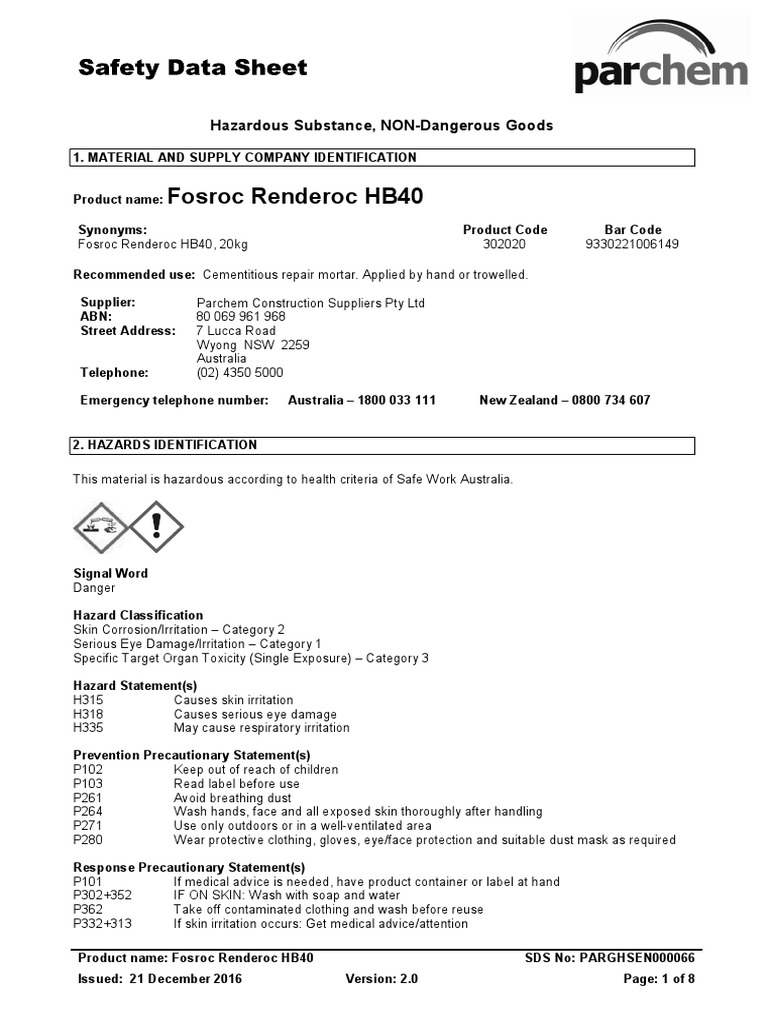 Fosroc-Renderoc HB40 - SDS | PDF | Dangerous Goods | Personal ...