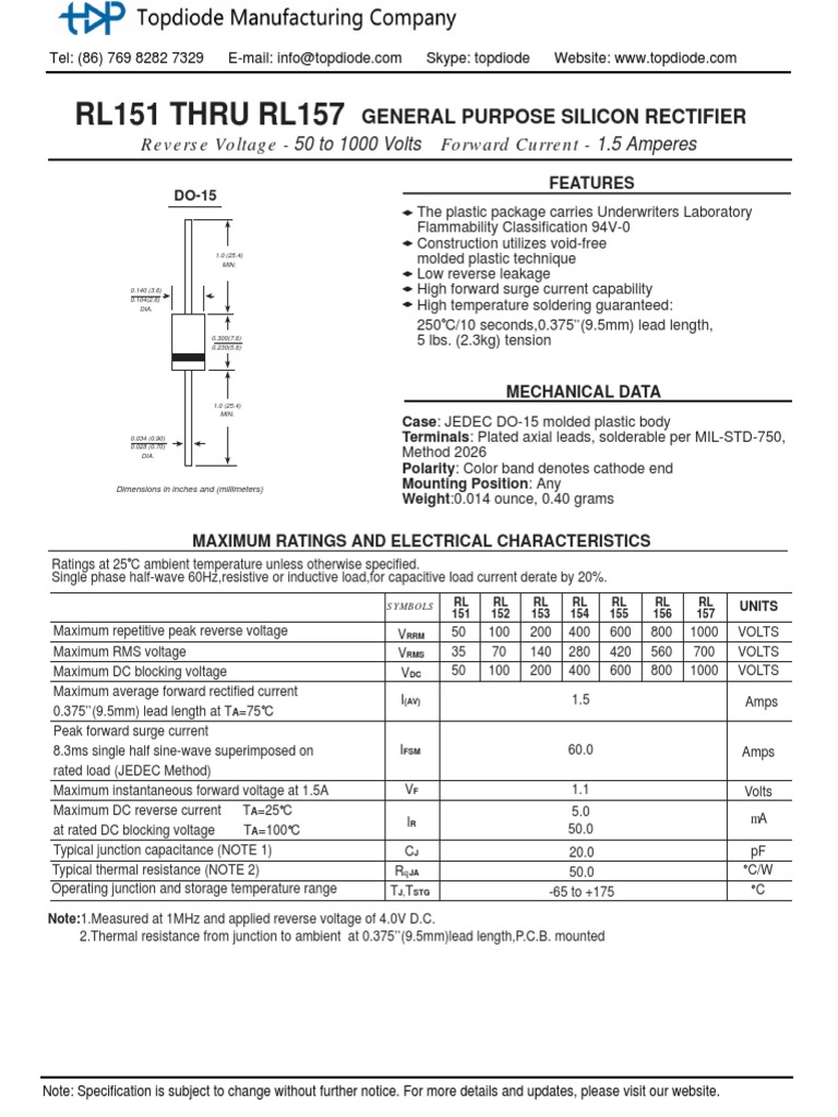 RL151 RL157 PDF | PDF | Rectifier | Force