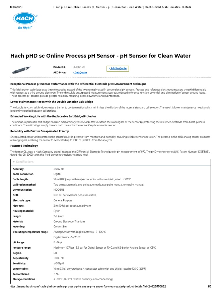 Hach PHD SC Online Process PH Sensor - PH Sensor For Clean Water - Hach ...