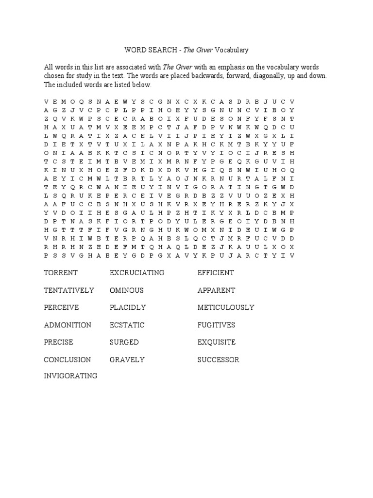 The Giver Vocabulary Word Search | PDF | Linguistics | Word Puzzles
