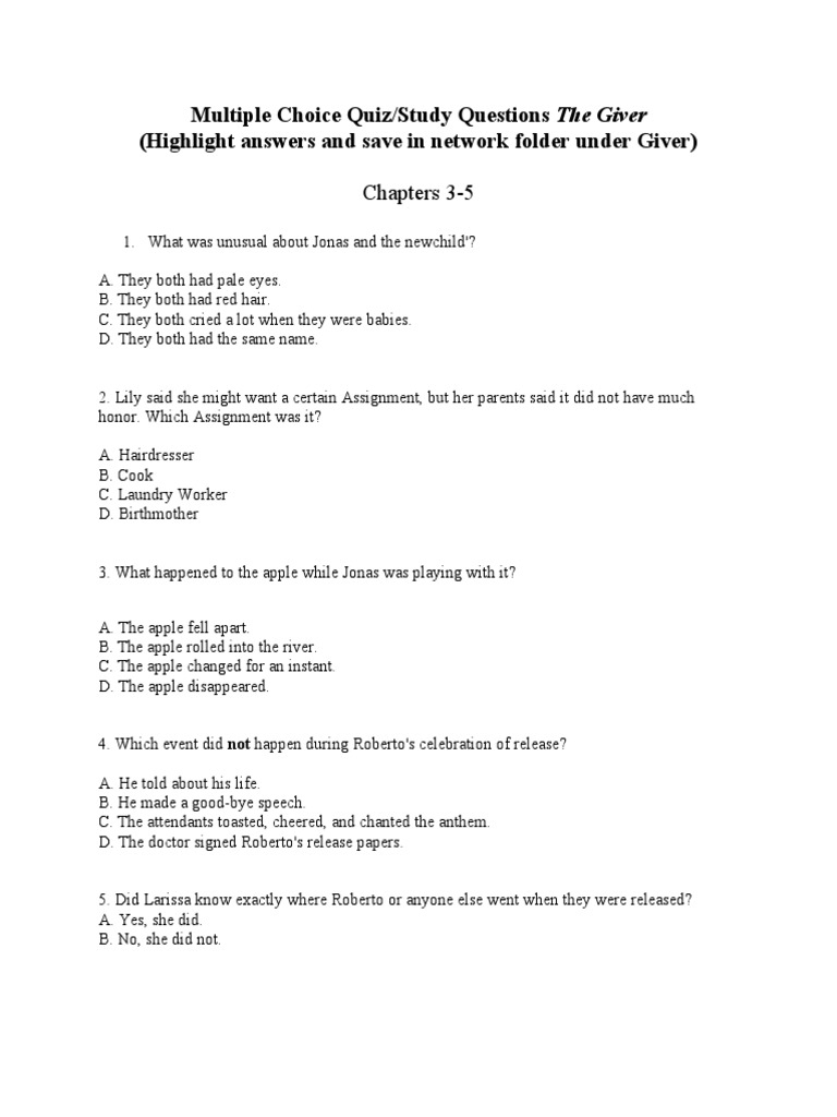 The Giver: Chapters 3-5 Quiz | PDF | Art