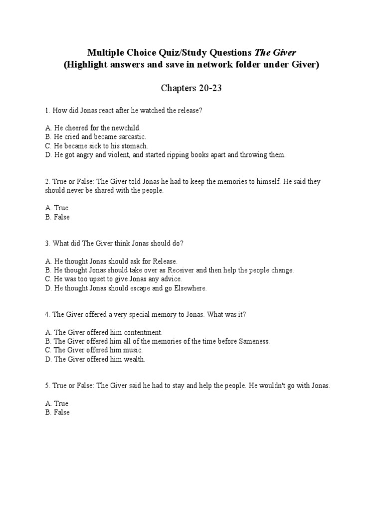 Multiple Choice Quiz/Study Questions The Giver (Highlight Answers and ...