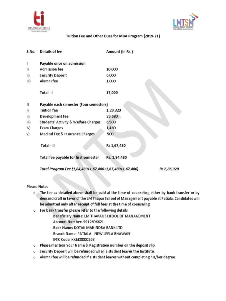 MBA Thapar University Fee Structure 2019 21 PDF | PDF | Fee | Hostel