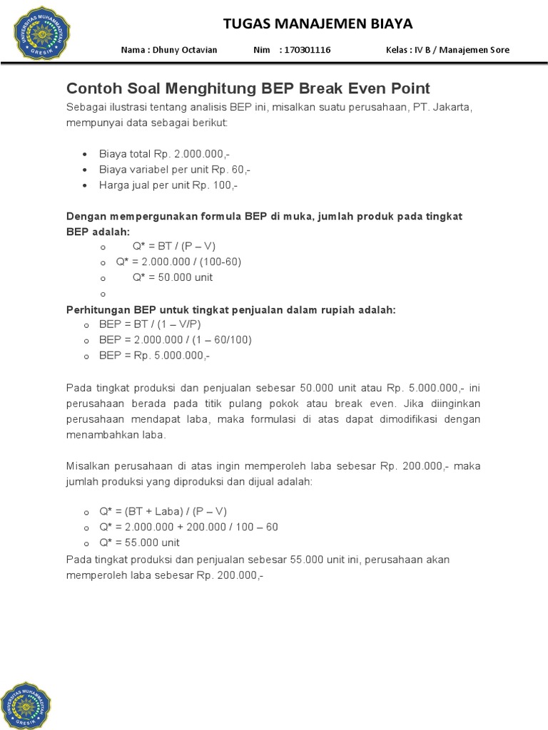 Contoh Soal Menghitung BEP Break Even Point | PDF