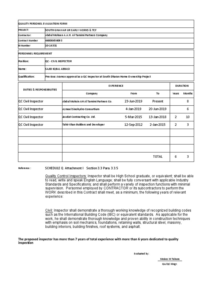 QC Qualification EVALUATION SHEET | Civil Engineering | Technology