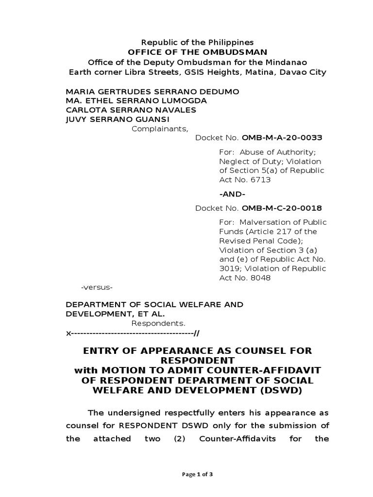 Motion To Admit CA - Ombudsman | PDF | Common Law | Public Sphere