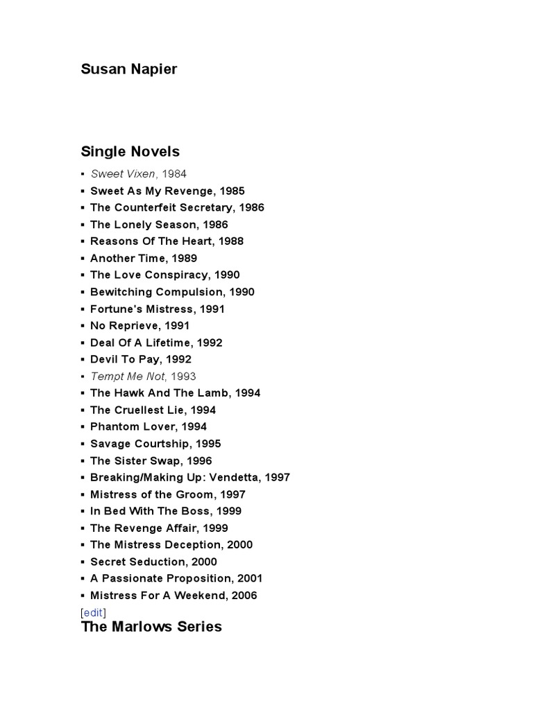 Susan Napier's Novels Overview | PDF | Mystery, Thriller & Crime Fiction