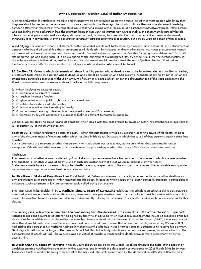 Dying Declaration | PDF | Evidence (Law) | Hearsay