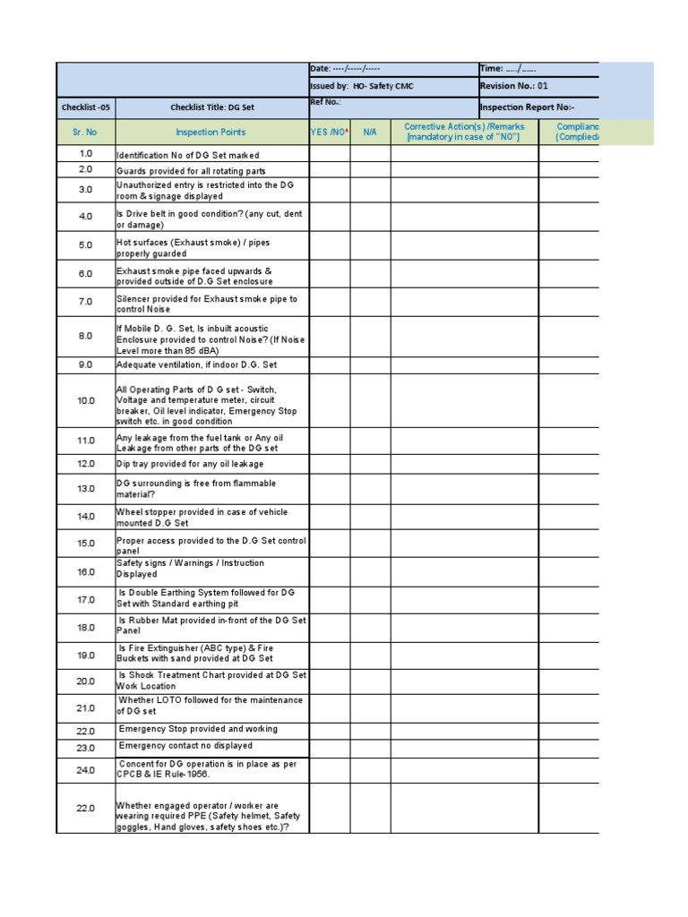 DG Set - Checklist - 5 | PDF | Personal Protective Equipment ...