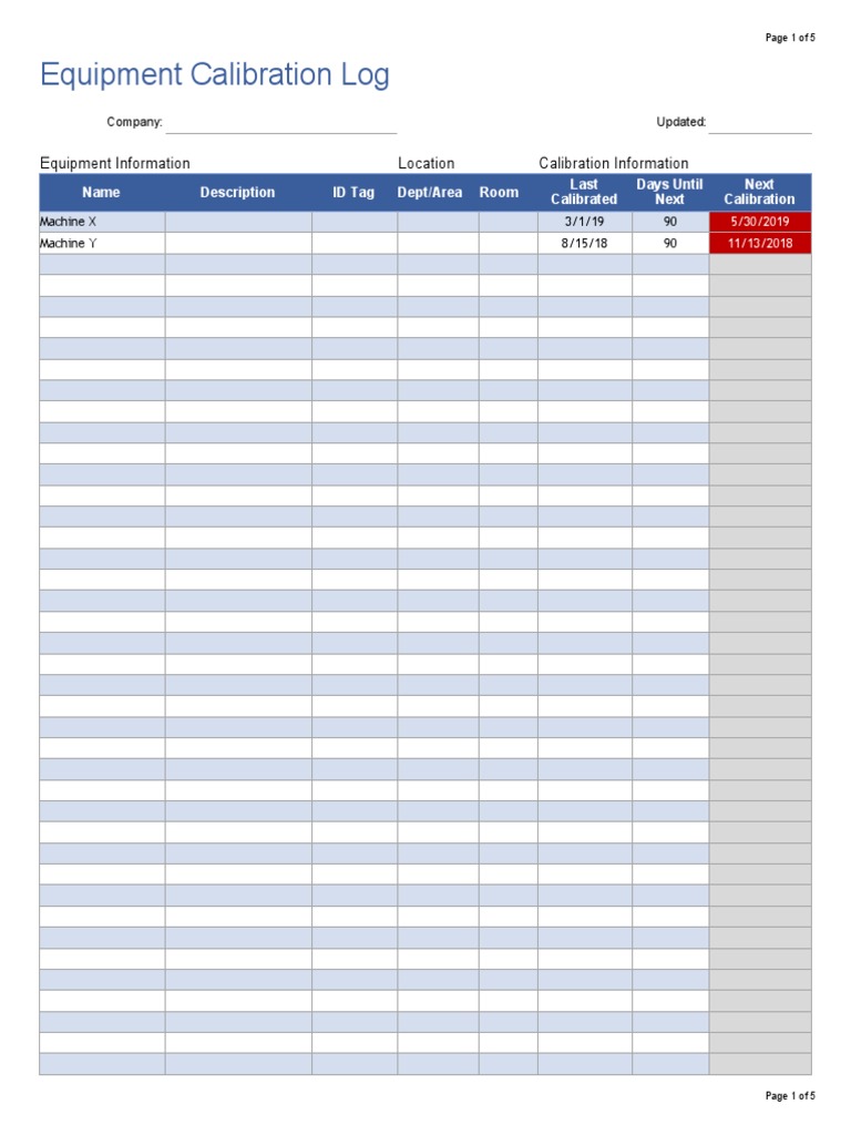 Equipment Calibration Log | PDF | Worksheet | Spreadsheet